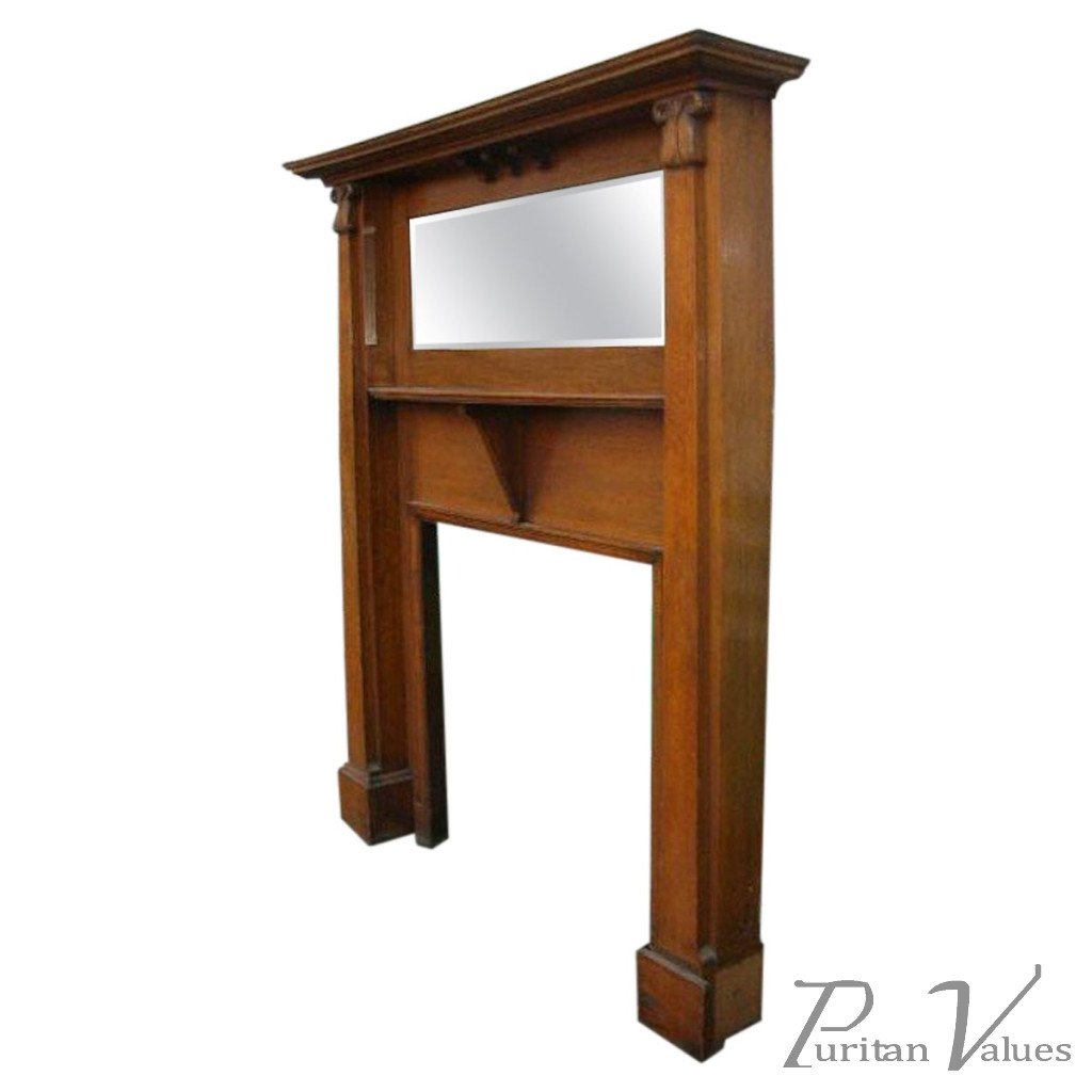 English Arts & Crafts Oak Fire Surround with Flaring Cornice & Floral ...