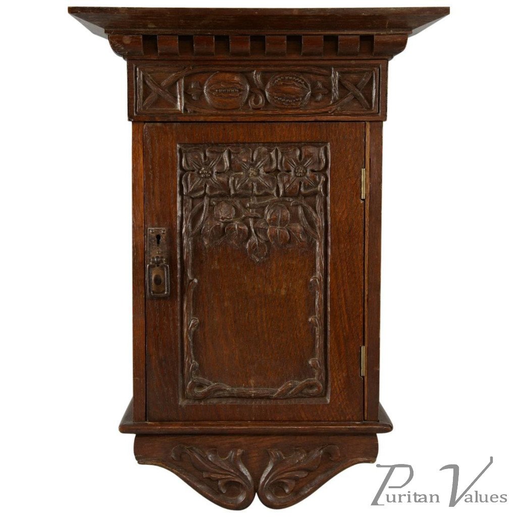 Arts and Crafts Carved Oak Wall Cabinet - Puritan Values
