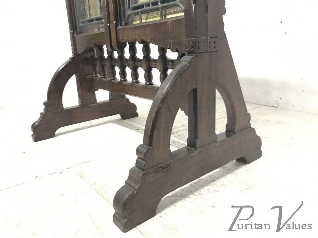 AWN Pugin Gothic Revival Oak, Leaded & Painted Glass Three-Fold Fire ...