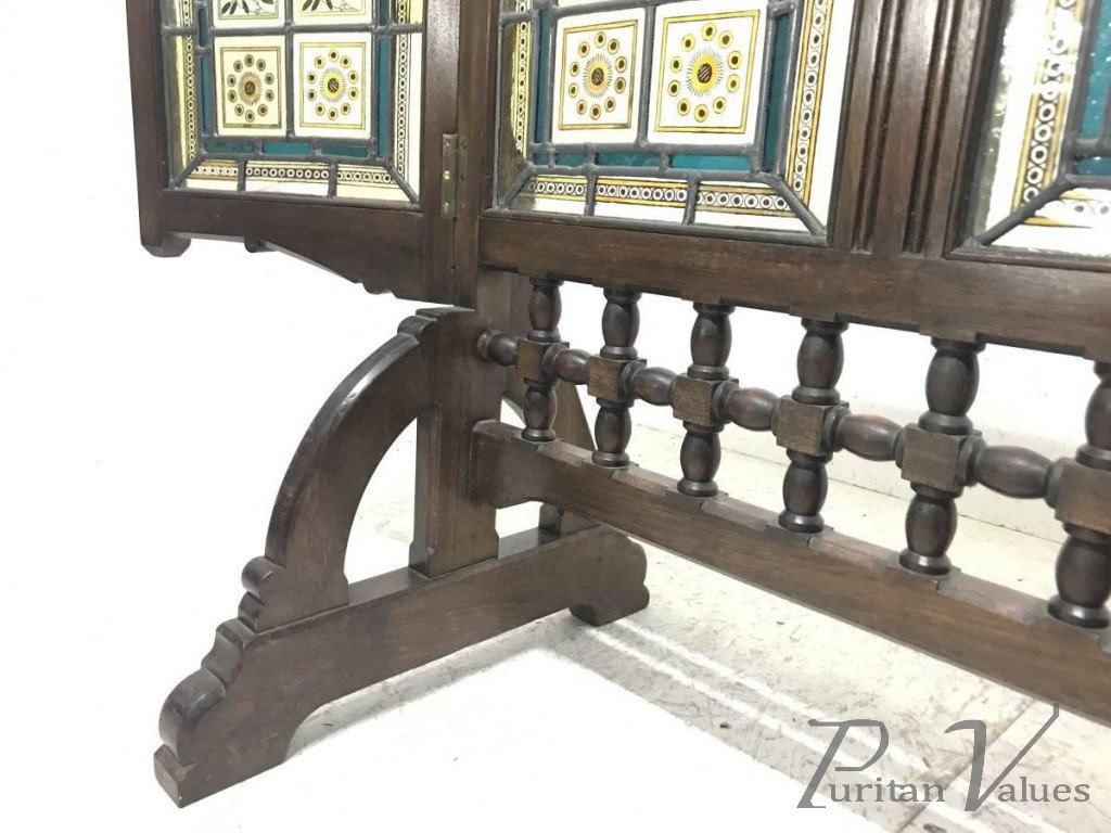 AWN Pugin Gothic Revival Oak, Leaded & Painted Glass Three-Fold Fire ...