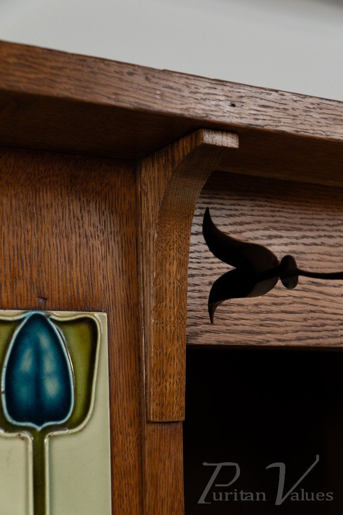 Arts and Crafts Oak Glazed Bookcase with inset period tiles - For sale ...