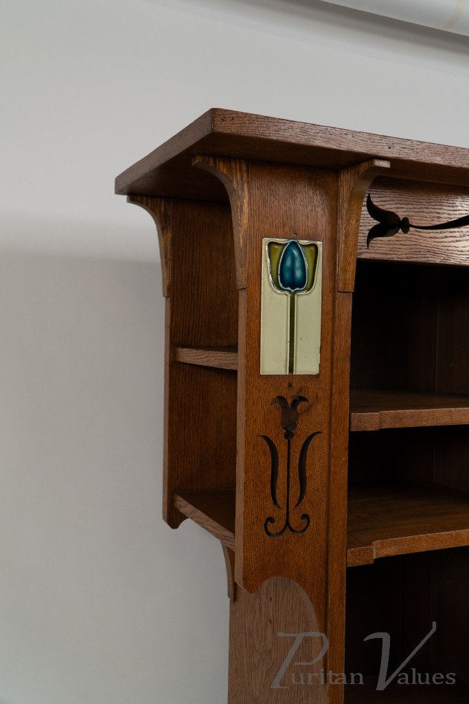 Arts and Crafts Oak Glazed Bookcase with inset period tiles - For sale ...