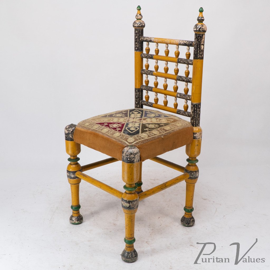 Indian Rajasthani A pair of polychrome painted chairs with gilt chord ...