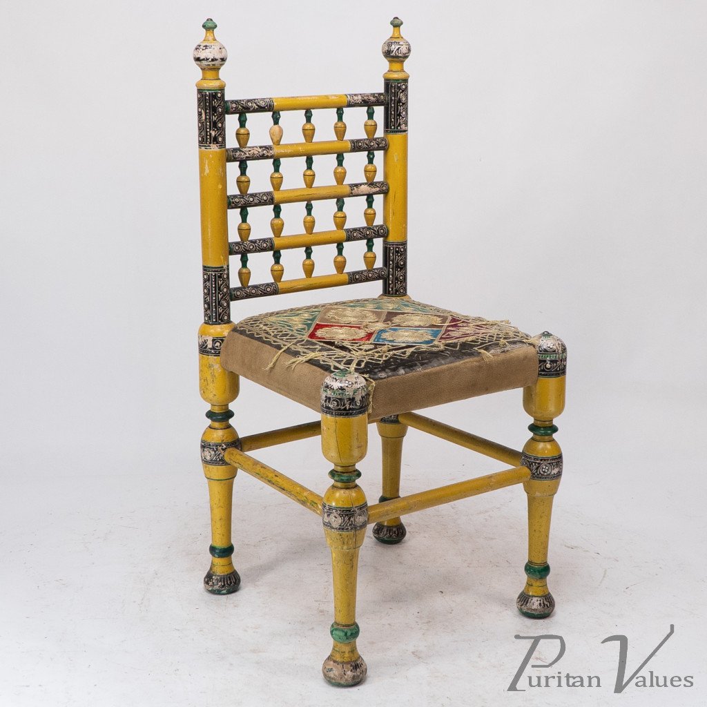 Indian Rajasthani A pair of polychrome painted chairs with gilt chord ...