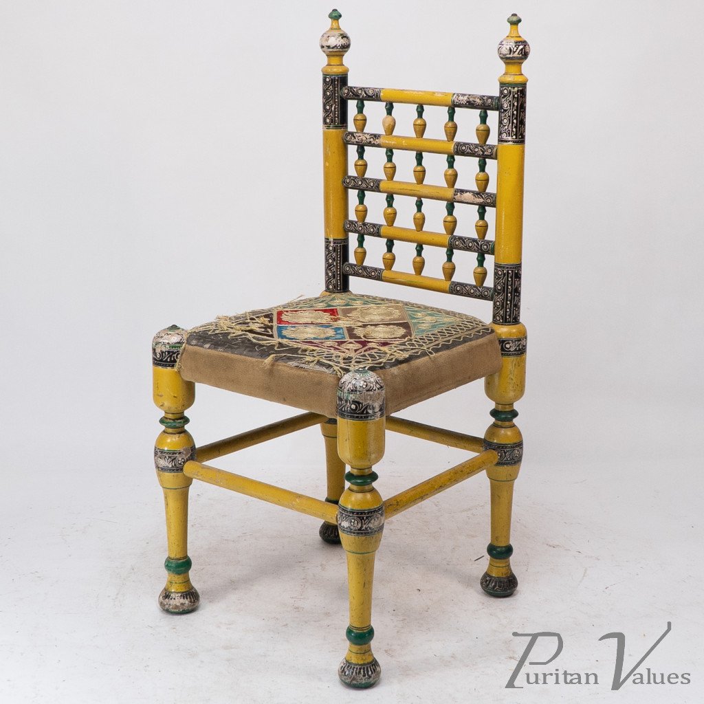Indian Rajasthani A pair of polychrome painted chairs with gilt chord ...